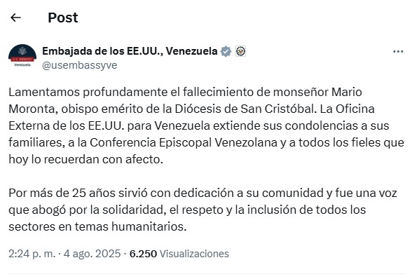 La Embajada de EEUU lamenta la muerte de monseñor Mario Moronta y ...